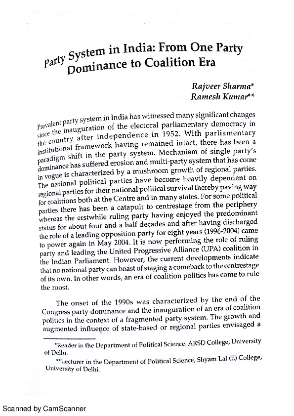 (PDF) Party System in India: From One Party Dominance to Coalition Era