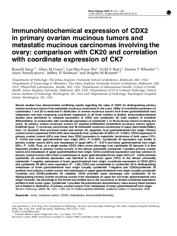 (PDF) Immunohistochemical expression of CDX2 in primary ovarian ...