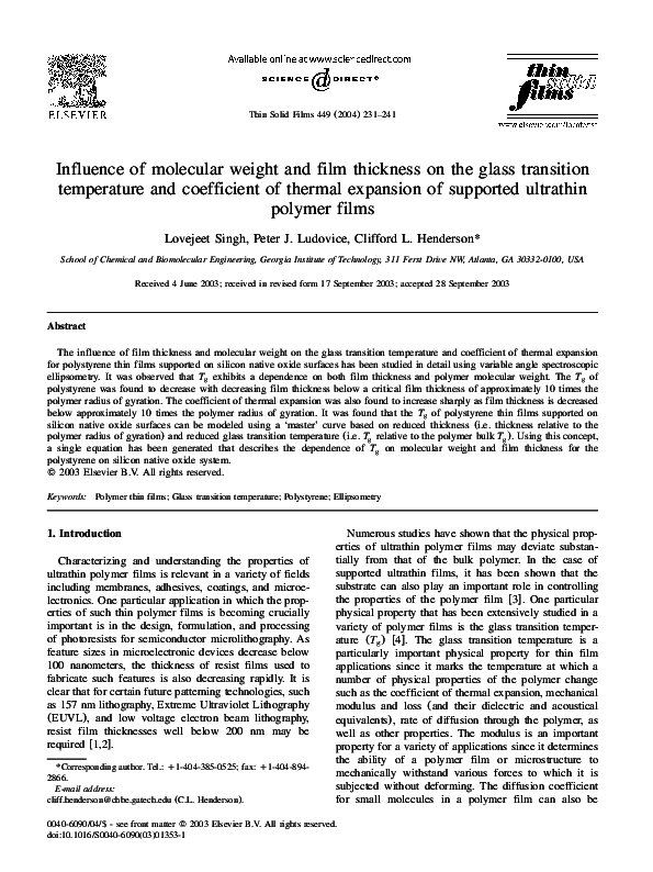 (PDF) Influence of molecular weight and film thickness on the glass ...
