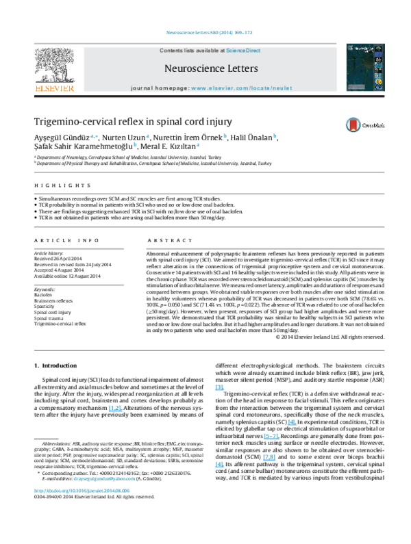 (PDF) Trigemino-cervical reflex in spinal cord injury