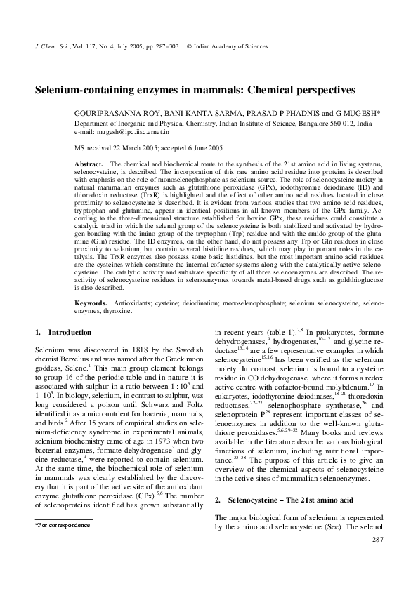 (PDF) Selenium-containing enzymes in mammals: Chemical perspectives