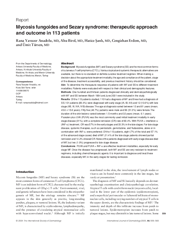 (PDF) Mycosis fungoides and Sezary syndrome: therapeutic approach and outcome in 113 patients