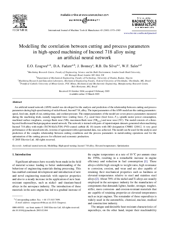 Pdf Modelling The Correlation Between Cutting And Process Parameters In High Speed Machining