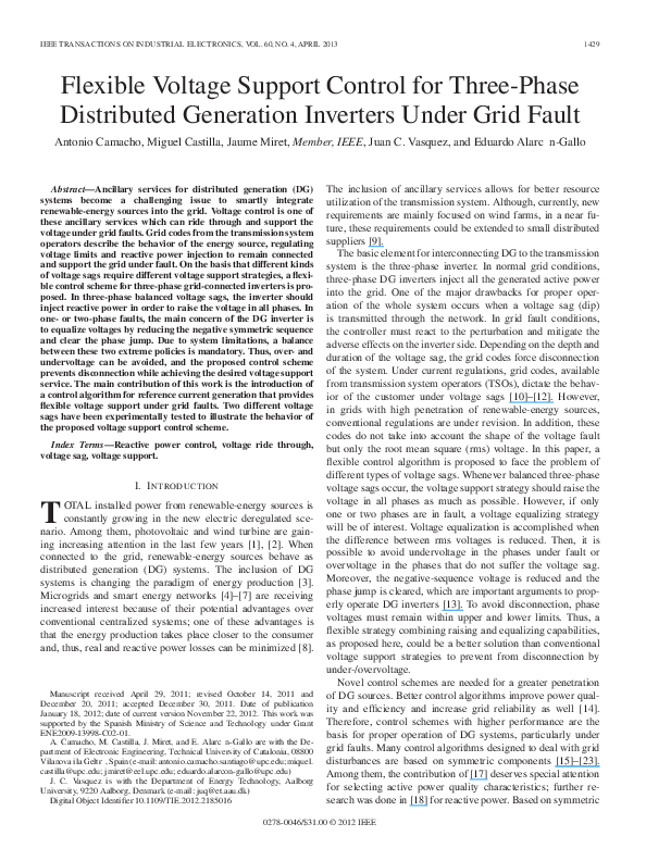 (PDF) Flexible Voltage Support Control for Three-Phase Distributed Generation Inverters Under ...