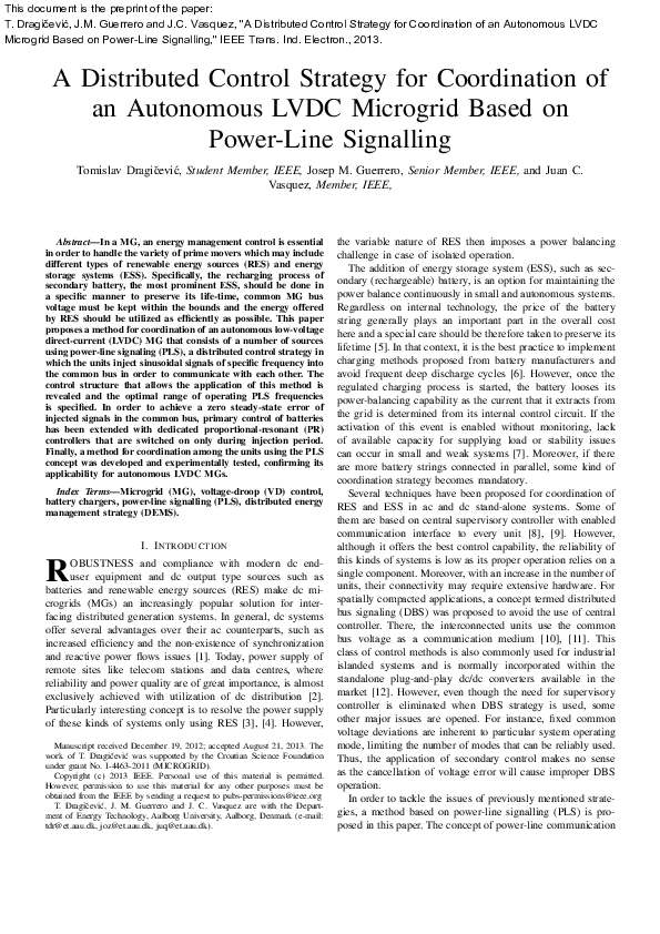 Pdf A Distributed Control Strategy For Coordination Of An Autonomous Lvdc Microgrid Based On