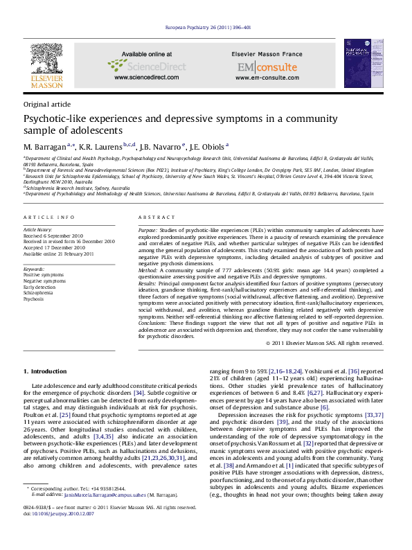 (PDF) Psychotic-like experiences and depressive symptoms in a community sample of adolescents