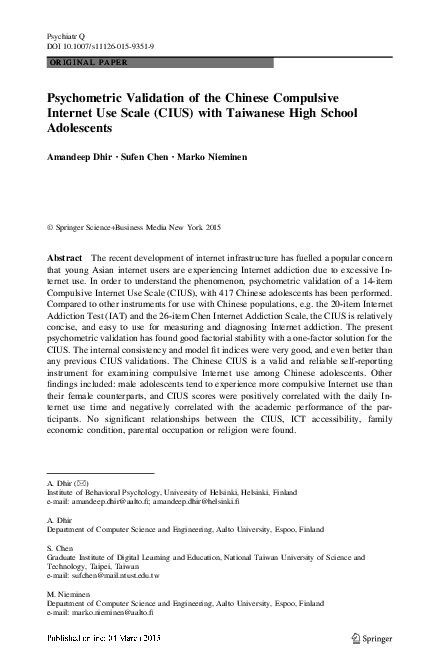 (PDF) Psychometric Validation of the Chinese Compulsive Internet Use ...