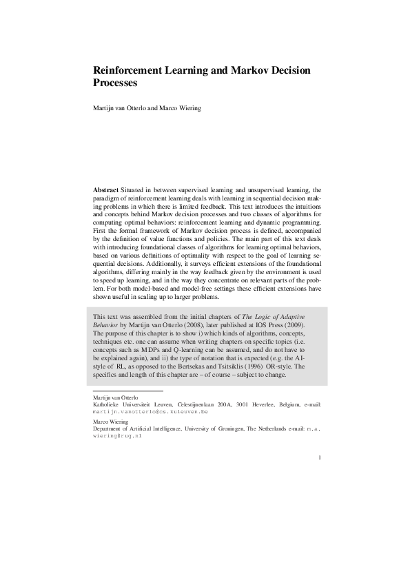 (PDF) Reinforcement Learning and Markov Decision Processes