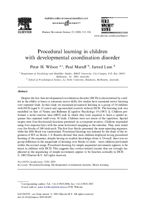 (PDF) Procedural learning in children with developmental coordination disorder