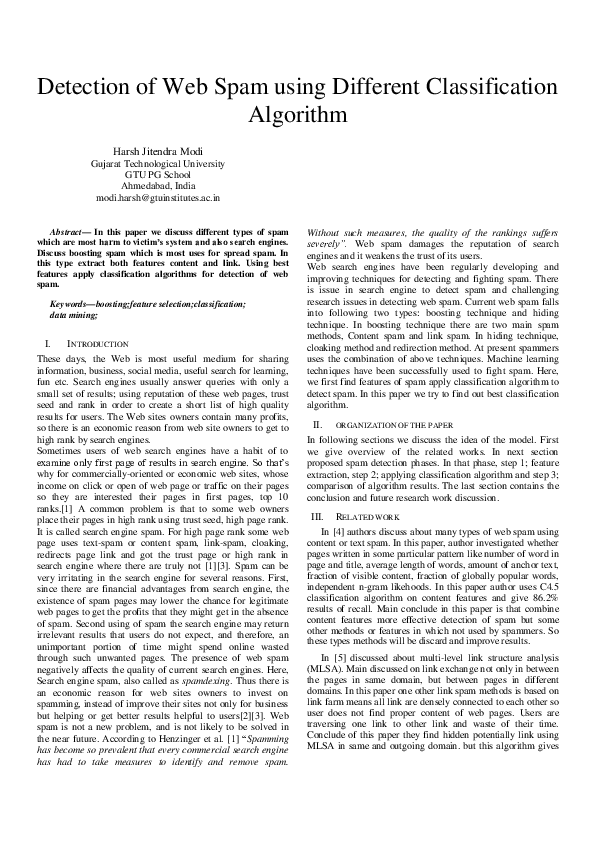 Detection of Web Spam using Different Classification Algorithm