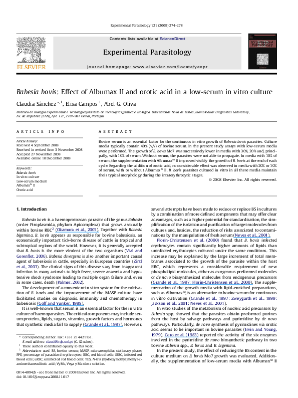 (PDF) Babesia bovis: Effect of Albumax II and orotic acid in a low ...