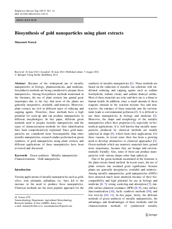 (PDF) Biosynthesis of gold nanoparticles using plant extracts