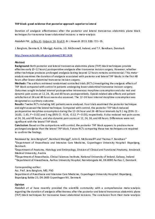 (PDF) TAP block-good evidence that posterior approach superior to lateral