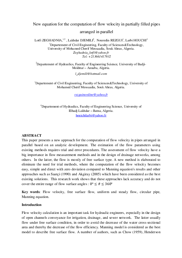 (PDF) New equation for the computation of flow velocity in partially ...