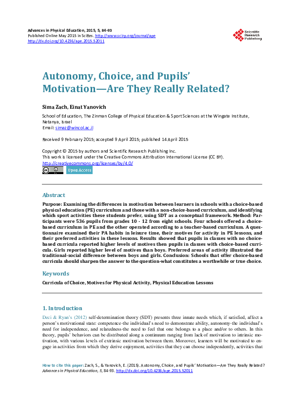 (PDF) Autonomy, Choice, and Pupils’ Motivation—Are They Really Related?