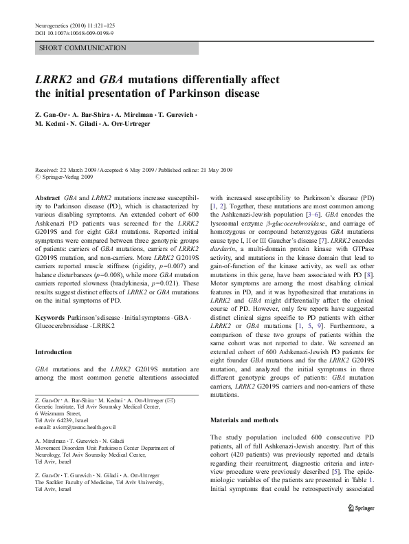 (PDF) LRRK2 and GBA mutations differentially affect the initial ...