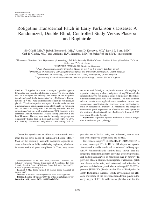(PDF) Rotigotine transdermal patch in early Parkinson's disease: A ...