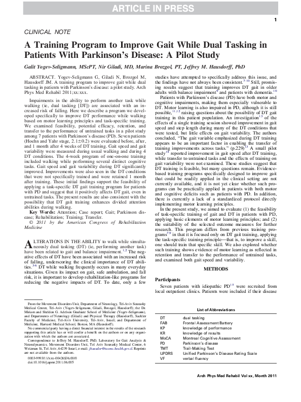 (PDF) A Training Program to Improve Gait While Dual Tasking in Patients ...