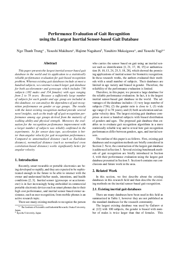 Pdf Performance Evaluation Of Gait Recognition Using The Largest Inertial Sensor Based Gait