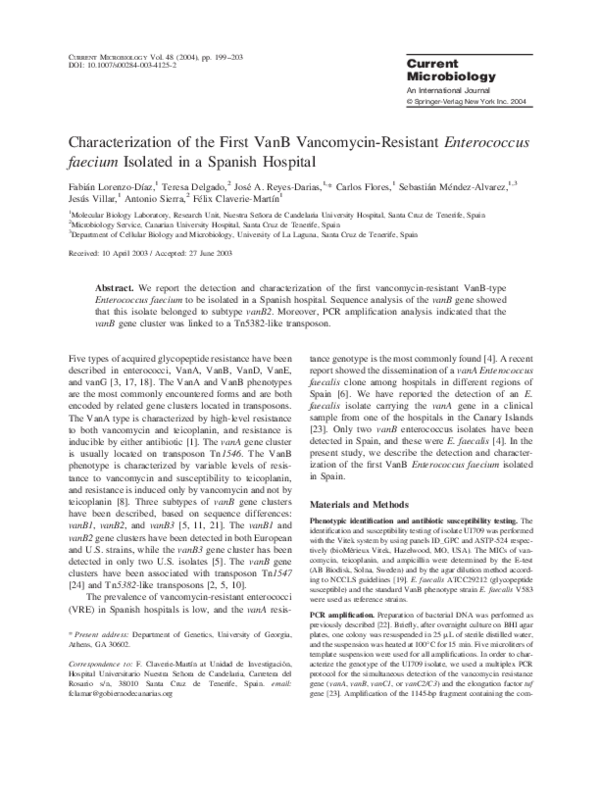 Pdf Characterization Of The First Vanb Vancomycin Resistant Enterococcus Faecium Isolated In A