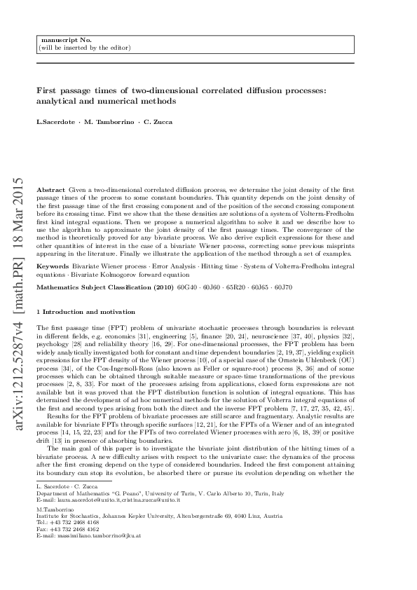 (PDF) FIRST PASSAGE TIMES FOR BIVARIATE DIFFUSION PROCESSES