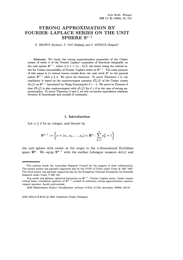 (PDF) Strong approximation by Fourier--Laplace series on the unit sphere S n-1