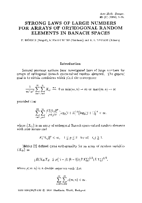 Pdf Strong Laws Of Large Numbers For Arrays Of Orthogonal Random Elements In Banach Spaces