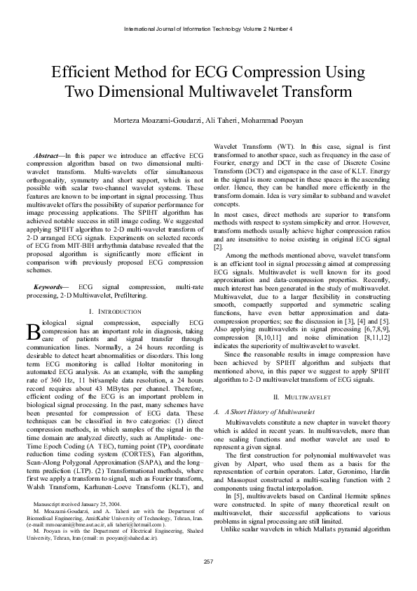 (PDF) Efficient Method for ECG Compression Using Two Dimensional Multiwavelet Transform