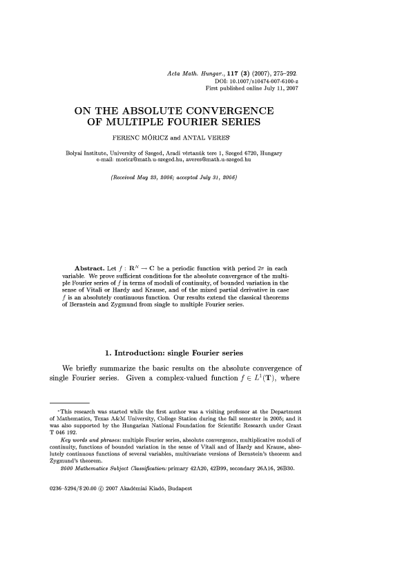 Pdf On The Absolute Convergence Of Multiple Fourier Series