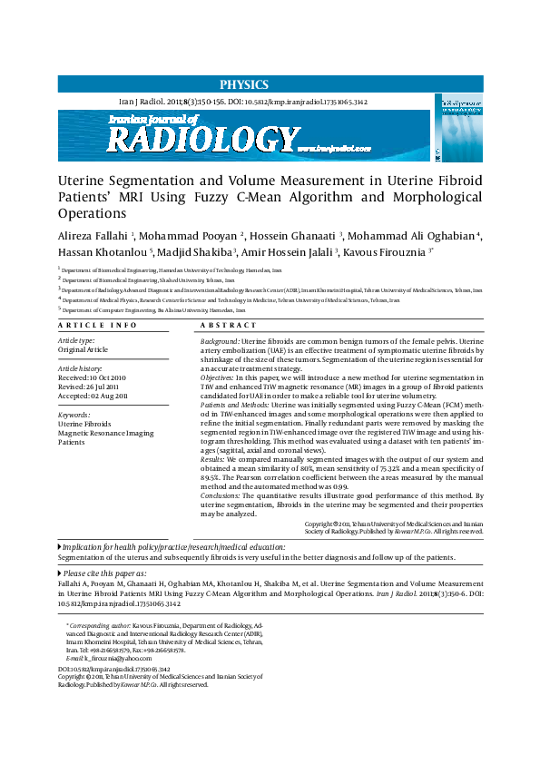 (PDF) Uterine Segmentation and Volume Measurement in Uterine Fibroid Patients’ MRI Using Fuzzy C ...