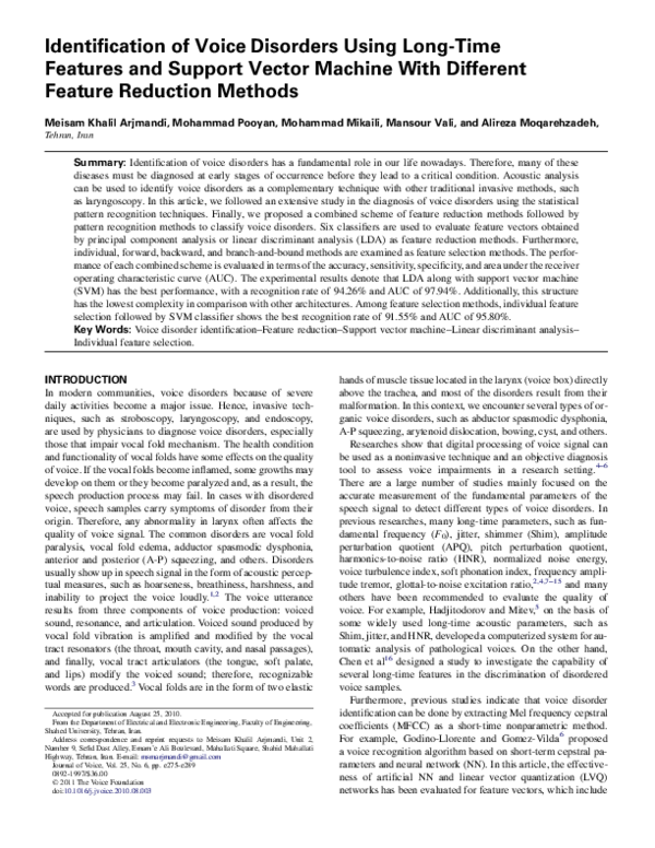 (PDF) Identification of Voice Disorders Using Long-Time Features and Support Vector Machine With ...