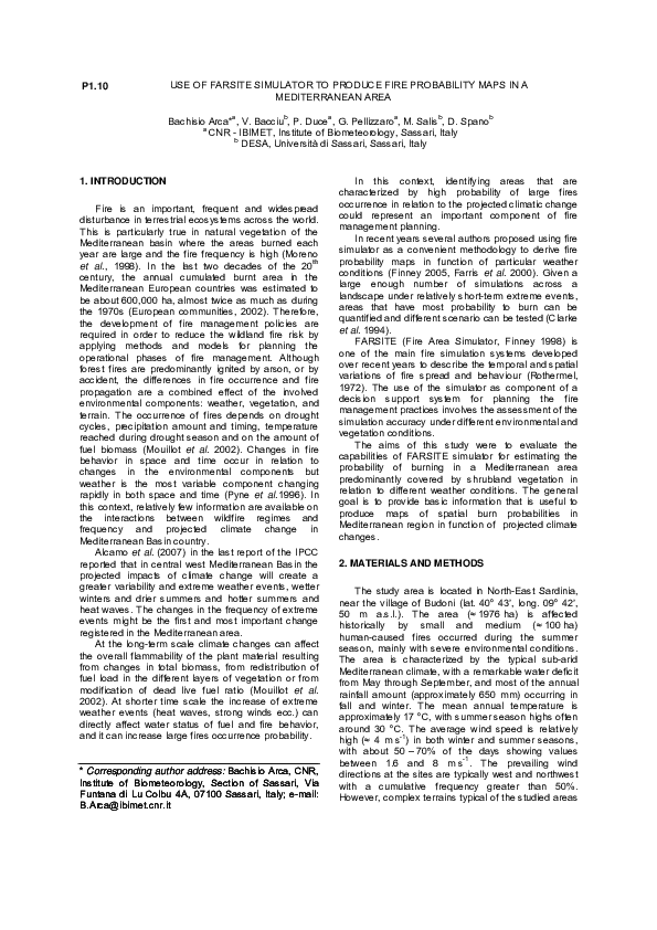 (PDF) P1.10 Use of Farsite Simulator to Produce Fire Probability Maps in a Mediterranean Area