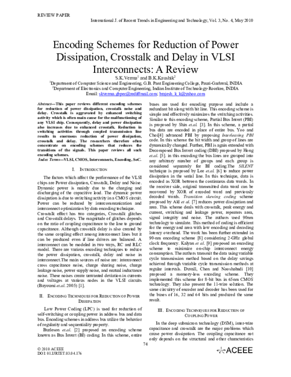 Pdf Encoding Schemes For Reduction Of Power Dissipation Crosstalk And Delay In Vlsi