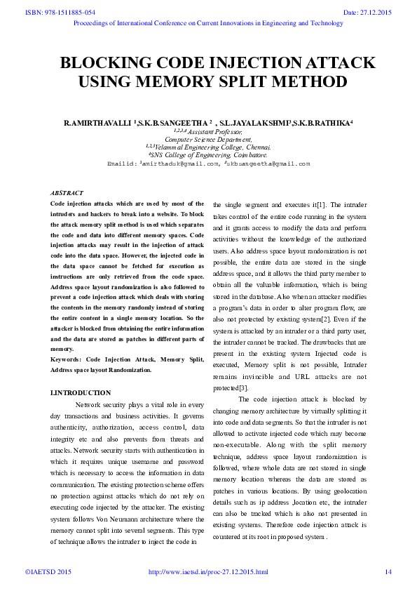 (PDF) BLOCKING CODE INJECTION ATTACK USING MEMORY SPLIT METHOD