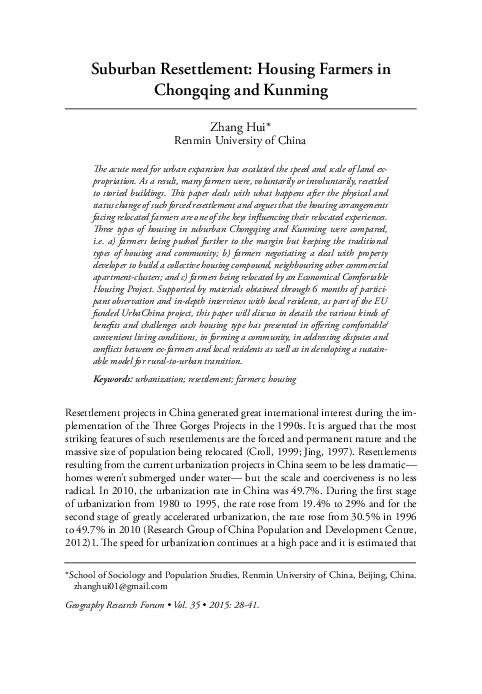 (PDF) Suburban Resettlement: Housing Farmers in Chongqing and Kunming