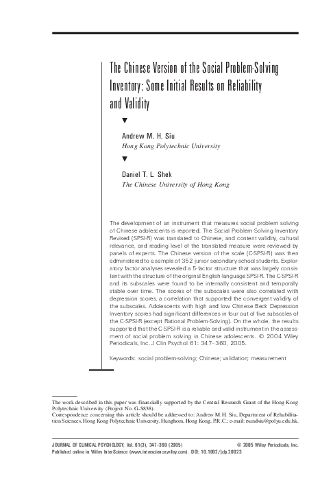 (PDF) The Chinese version of the social problem-solving inventory: Some initial results on ...