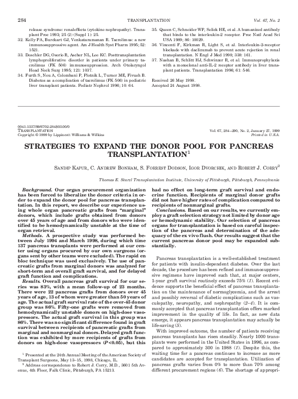 (PDF) STRATEGIES TO EXPAND THE DONOR POOL FOR PANCREAS TRANSPLANTATION1