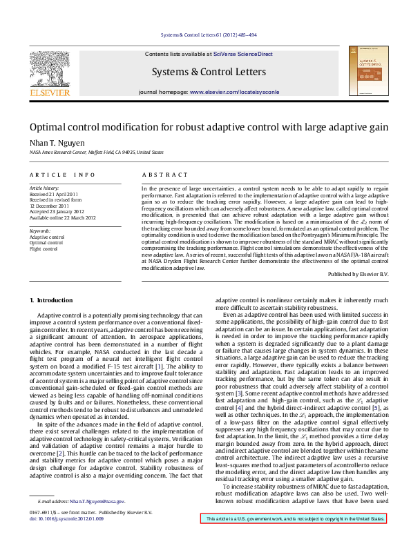 (PDF) Optimal control modification for robust adaptive control with large adaptive gain