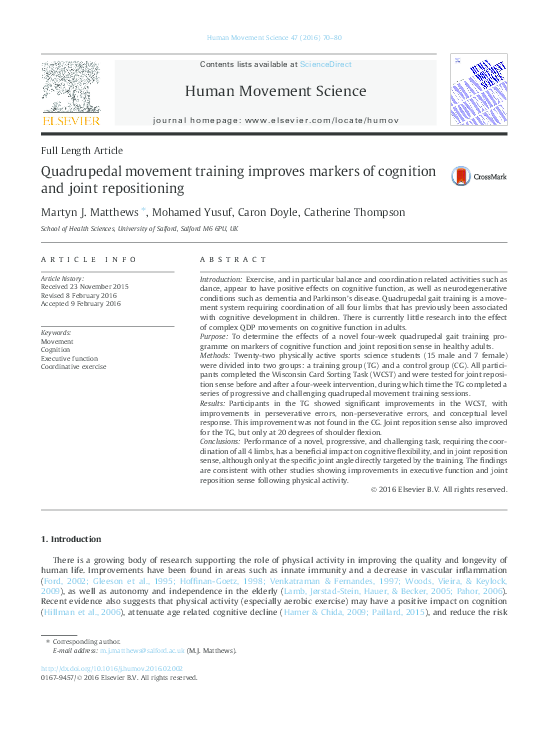 (PDF) Quadrupedal movement training improves markers of cognition and joint repositioning