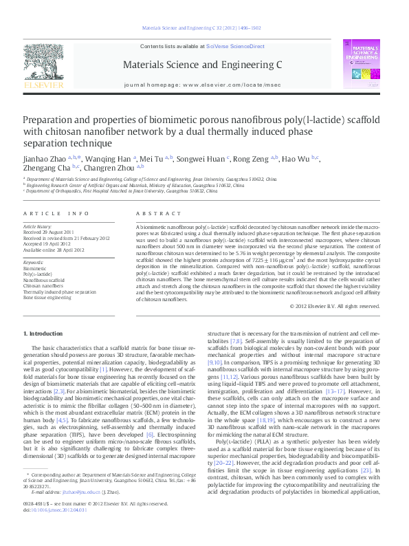 (PDF) Preparation and properties of biomimetic porous nanofibrous poly(l-lactide) scaffold with ...