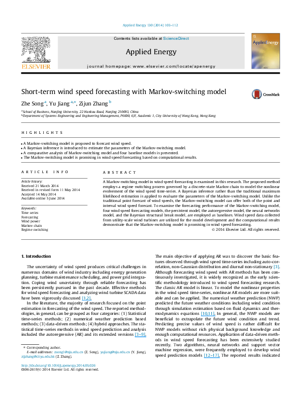 (PDF) Short-term Wind Speed Forecasting with Markov-switching Model