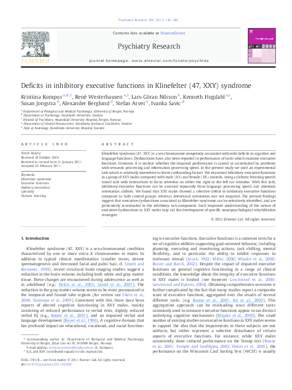 (PDF) Deficits in inhibitory executive functions in Klinefelter (47, XXY) syndrome