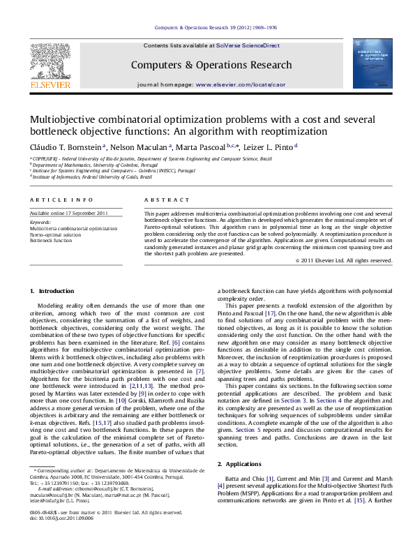 Pdf Multiobjective Combinatorial Optimization Problems With A Cost And Several Bottleneck