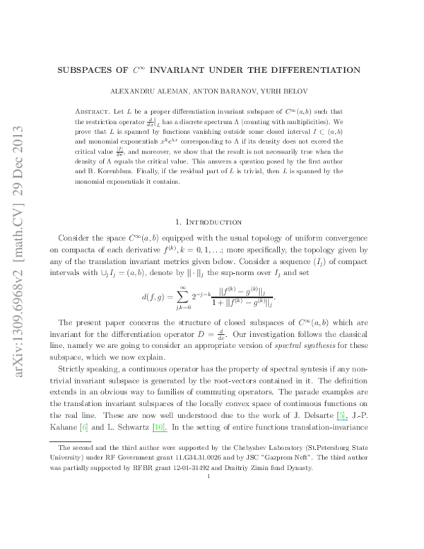 (PDF) $D$-invariant subspaces of $C^\infty$ | Anton Baranov - Academia.edu