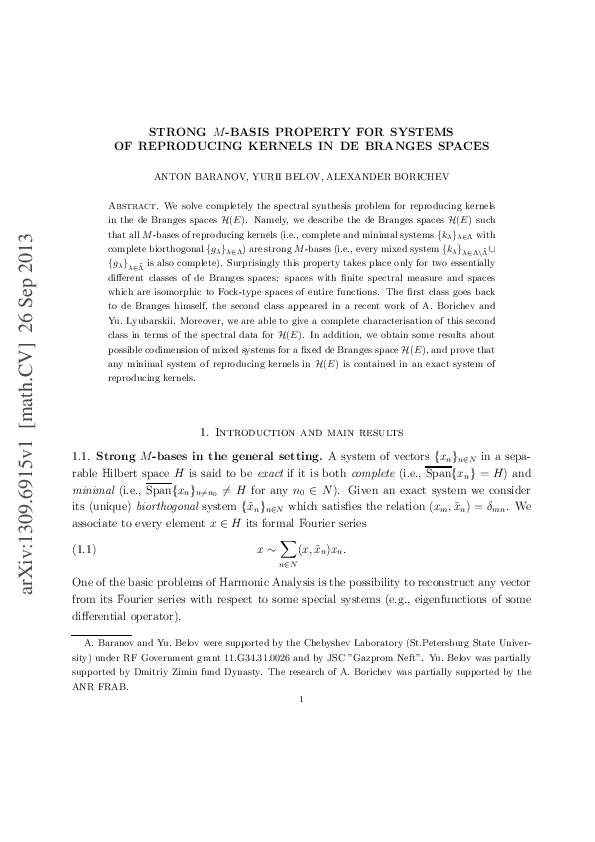 Pdf Strong M Basis Property For Systems Of Reproducing Kernels In De Branges Spaces