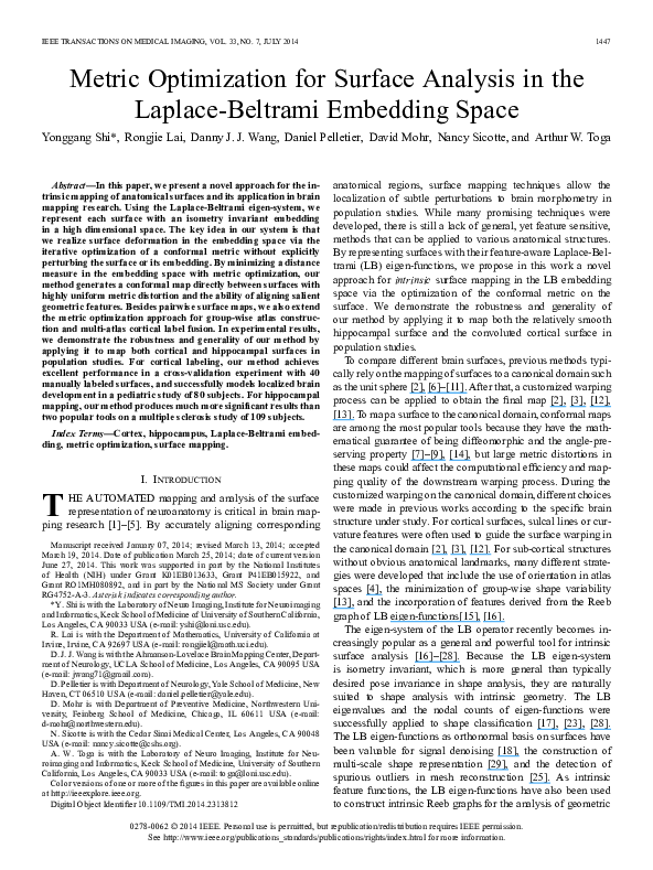 (PDF) Metric Optimization for Surface Analysis in the Laplace-Beltrami Embedding Space