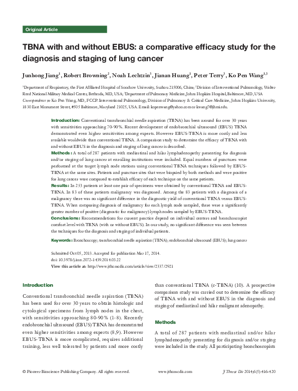 (PDF) TBNA with and without EBUS: a comparative efficacy study for the diagnosis and staging of ...