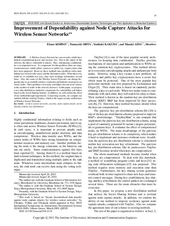 (PDF) Improvement of Dependability against Node Capture Attacks for Wireless Sensor Networks