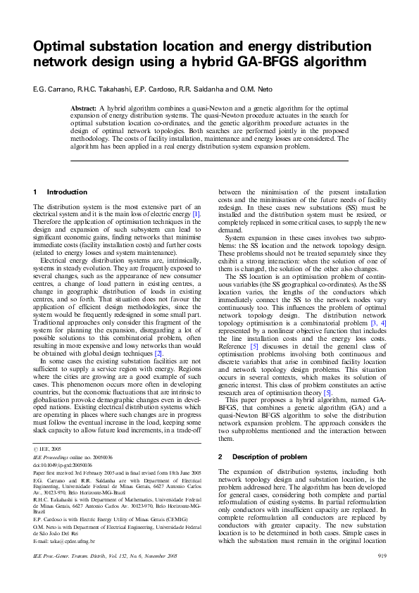(PDF) Optimal substation location and energy distribution network design using a hybrid GA-BFGS ...