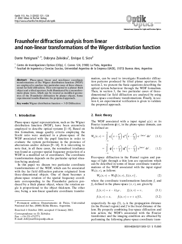 Pdf Fraunhofer Diffraction Analysis From Linear And Non Linear Transformations Of The Wigner